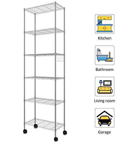 Devo Shelves for Storage Rolling Wire Rack, Shelf with Wheels Shelving Units and Storage, Metal Standing Shelves, 21" L * 11" W * 63" H, Silver