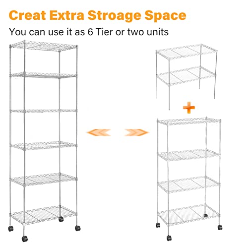 Devo Shelves for Storage Rolling Wire Rack, Shelf with Wheels Shelving Units and Storage, Metal Standing Shelves, 21" L * 11" W * 63" H, Silver