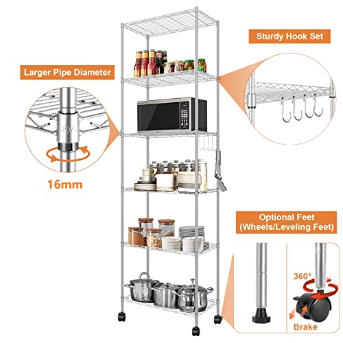 Devo Shelves for Storage Rolling Wire Rack, Shelf with Wheels Shelving Units and Storage, Metal Standing Shelves, 21" L * 11" W * 63" H, Silver