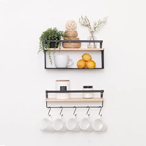 pre-drilled floating shelves for bath, kitchen, & bedroom - wall mounted natural wood floating shelves with steel towel bar, mesh storage basket & hardware for installation - 2 pack