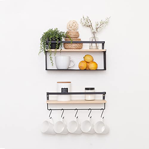 Pre-Drilled Floating Shelves for Bath, Kitchen, & Bedroom - Wall Mounted Natural Wood Floating Shelves with Steel Towel Bar, Mesh Storage Basket & Hardware for Installation - 2 Pack