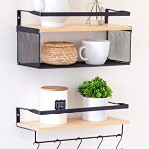 Pre-Drilled Floating Shelves for Bath, Kitchen, & Bedroom - Wall Mounted Natural Wood Floating Shelves with Steel Towel Bar, Mesh Storage Basket & Hardware for Installation - 2 Pack