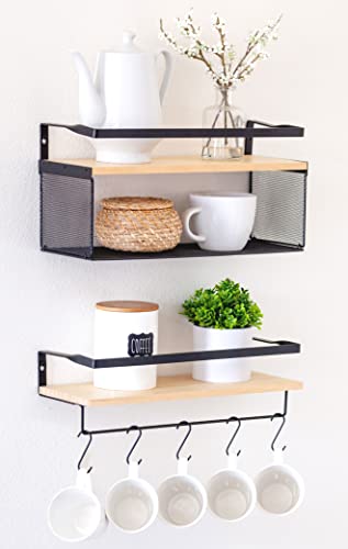 Pre-Drilled Floating Shelves for Bath, Kitchen, & Bedroom - Wall Mounted Natural Wood Floating Shelves with Steel Towel Bar, Mesh Storage Basket & Hardware for Installation - 2 Pack