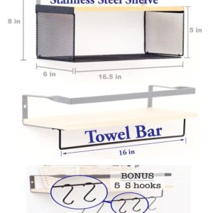 Pre-Drilled Floating Shelves for Bath, Kitchen, & Bedroom - Wall Mounted Natural Wood Floating Shelves with Steel Towel Bar, Mesh Storage Basket & Hardware for Installation - 2 Pack