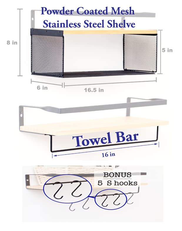 Pre-Drilled Floating Shelves for Bath, Kitchen, & Bedroom - Wall Mounted Natural Wood Floating Shelves with Steel Towel Bar, Mesh Storage Basket & Hardware for Installation - 2 Pack