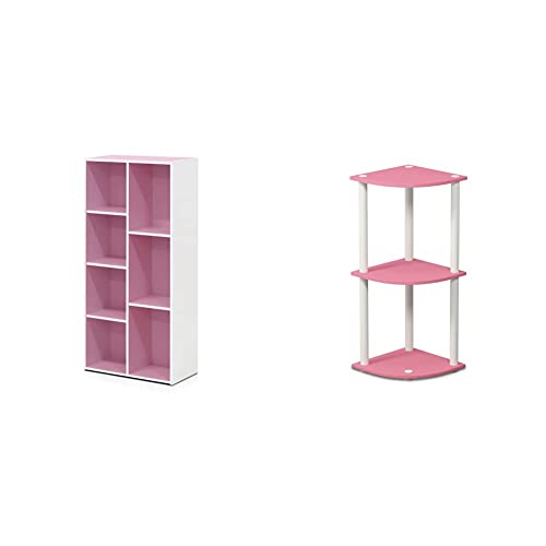 Furinno 7-Cube Reversible Open Shelf, White/Pink 11048WH/PI & Turn-N-Tube 3-Tier Reversible Corner Display Rack Multipurpose Shelving Unit, Pink/White