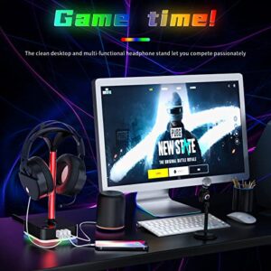 Headphone Stand-Headset Holder--RGB Gaming Headset Stand with 3USB Charging Port and 2 Prong AC Outlet Power Strips, 8 Light Modes and Non-Slip Rubber Base, Gamers Desktop Game Earphone Accessories.