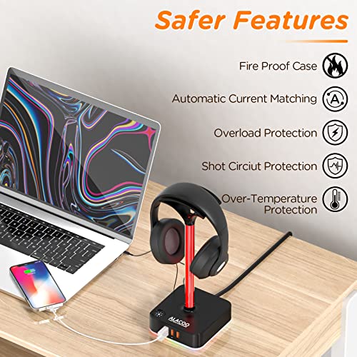 Headphone Stand-Headset Holder--RGB Gaming Headset Stand with 3USB Charging Port and 2 Prong AC Outlet Power Strips, 8 Light Modes and Non-Slip Rubber Base, Gamers Desktop Game Earphone Accessories.