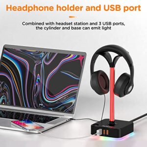 Headphone Stand-Headset Holder--RGB Gaming Headset Stand with 3USB Charging Port and 2 Prong AC Outlet Power Strips, 8 Light Modes and Non-Slip Rubber Base, Gamers Desktop Game Earphone Accessories.