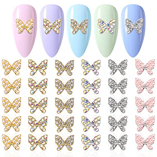 SILPECWEE 30pcs Butterfly Nail Charms Butterfly for Nails Design ab Nail Rhinestone Glass Crystal Nail Peals Alloy Nail Jewelry 3d Nail Decoration Nail Art Accessories