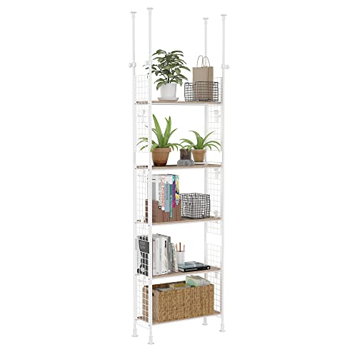 DYN Ptah Floor to Ceiling Adjustble 5 Tiers Bookshelf, Tall Bookshelf with Open Shelves for Storage and Display, Modern Shelf for Living Room, Metal Bookshelf with Wooden Shelf