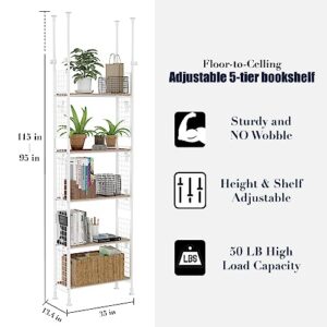 DYN Ptah Floor to Ceiling Adjustble 5 Tiers Bookshelf, Tall Bookshelf with Open Shelves for Storage and Display, Modern Shelf for Living Room, Metal Bookshelf with Wooden Shelf