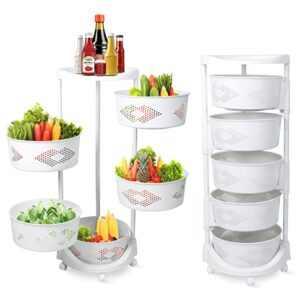 jellyrattbit 5 tier round rotating multi-layer kitchen storage rack, fruit and vegetable storage basket floor-standing storage rack household storage rack for kitchen living room toilet - white