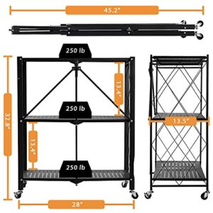 MYDENIMSKY 3 Tier Storage Shelf, Foldable Shelving Units with Wheels, Metal Storage Rack, Wire Shelving Units No Assemble Required, Moving Easily Great for Laundry Garage Kitchen (Fully Fold)