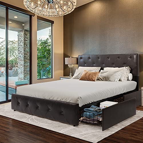 YITAHOME Upholstered Bed Frame with 4 Storage Drawers and Adjustable Headboard, Queen Bed Frame Mattress Foundation with Sturdy Wood Slat Support, No Box Spring Needed, Brown (Queen)