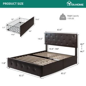 YITAHOME Upholstered Bed Frame with 4 Storage Drawers and Adjustable Headboard, Queen Bed Frame Mattress Foundation with Sturdy Wood Slat Support, No Box Spring Needed, Brown (Queen)