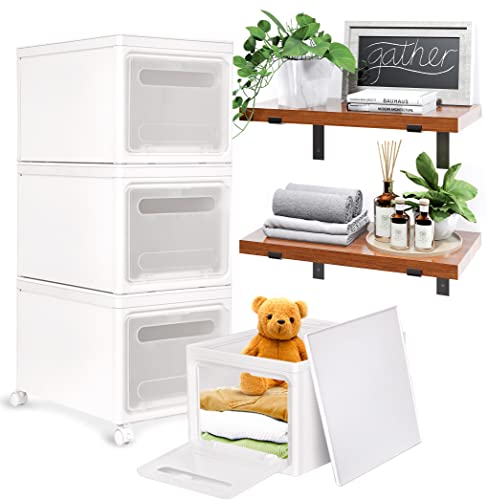 Plastic Storage Bins With Lids + Floating Shelves Wall Shelves - Storage Containers For Organizing, Stackable Storage Bins With Wheels + Set of 2 Wall Shelves for Bedroom, Wood Shelves