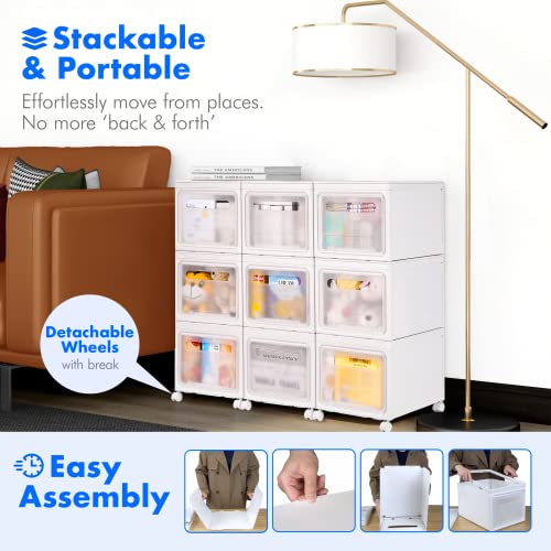 Plastic Storage Bins With Lids + Floating Shelves Wall Shelves - Storage Containers For Organizing, Stackable Storage Bins With Wheels + Set of 2 Wall Shelves for Bedroom, Wood Shelves