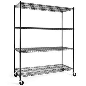 caphaus 4-tier commercial grade heavy duty adjustable height wire shelving w/wheels & leveling feet, storage metal steel shelf, garage shelving storage, utility wire rack storage shelving unit, 60" w