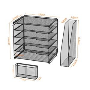 Samstar Mesh Desk Organizer, Paper Letter Tray with 5 Tier Racks Shelves,1 Extra Vertical File Sorter and Pen Holders for Office Supplies,Black