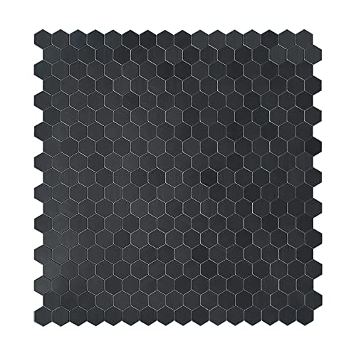 Black Hexagon Peel and Stick Backsplash, Self-Adhesive Aluminum Metal Surface Waterproof Stick on Wall Tile for Kitchen (6 Sheets)