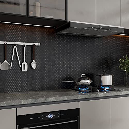 Black Hexagon Peel and Stick Backsplash, Self-Adhesive Aluminum Metal Surface Waterproof Stick on Wall Tile for Kitchen (6 Sheets)