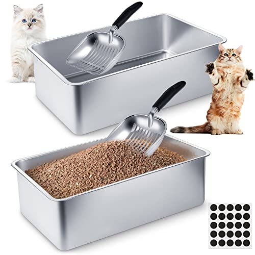 2 Set Stainless Steel Litter Box for Cat with 2 Pcs Cat Litter Scoops 15 Pcs Non Slip Rubber Feet Non Stick Smooth Bunny Litter Box High Sided Litter Box Litter Scooper with Holder (24 x 16 x 8 In)