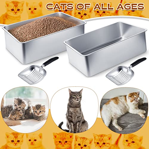 2 Set Stainless Steel Litter Box for Cat with 2 Pcs Cat Litter Scoops 15 Pcs Non Slip Rubber Feet Non Stick Smooth Bunny Litter Box High Sided Litter Box Litter Scooper with Holder (24 x 16 x 8 In)