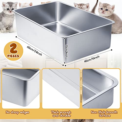 2 Set Stainless Steel Litter Box for Cat with 2 Pcs Cat Litter Scoops 15 Pcs Non Slip Rubber Feet Non Stick Smooth Bunny Litter Box High Sided Litter Box Litter Scooper with Holder (24 x 16 x 8 In)