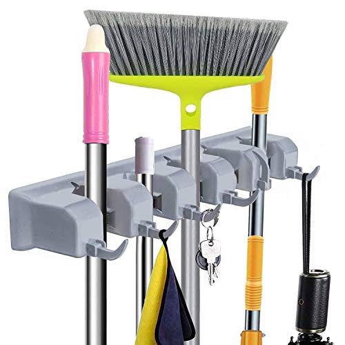 CINEYO Pack of 02 - Black & Gray Mop and Broom Holder Wall Mount - Heavy Duty Broom Holder Wall Mounted or Tool Organizer For Home Garden Garage And Storage (5 Positions with 6 Hooks)