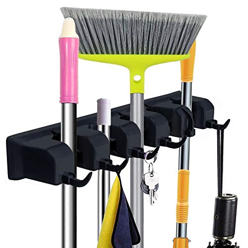 CINEYO Pack of 02 - Black & Gray Mop and Broom Holder Wall Mount - Heavy Duty Broom Holder Wall Mounted or Tool Organizer For Home Garden Garage And Storage (5 Positions with 6 Hooks)