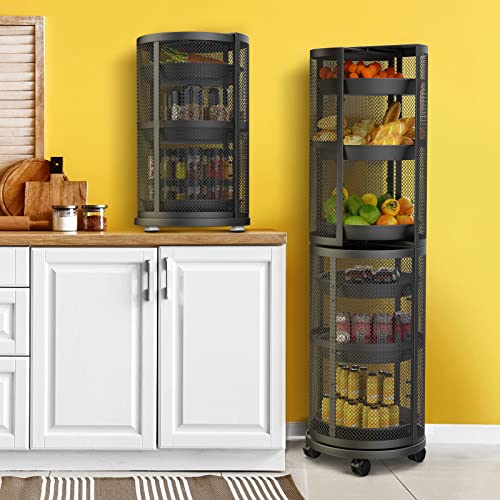 STYLIFING Rotating Rolling Storage Cart 6 Tier 360° Rotation Organizer Cart for Fruits Vegetables Snacks with Wheels & Foot Pads, Round Standing Shelf for Kitchen Living Room Bathroom Bedroom Office