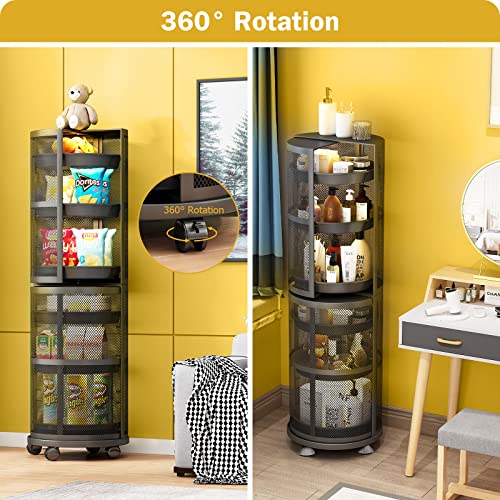 STYLIFING Rotating Rolling Storage Cart 6 Tier 360° Rotation Organizer Cart for Fruits Vegetables Snacks with Wheels & Foot Pads, Round Standing Shelf for Kitchen Living Room Bathroom Bedroom Office