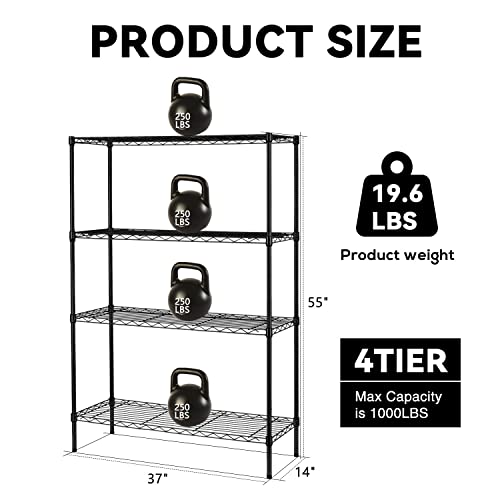 Storage Shelves, 4 shelf Storage Rack Adjustable 37"W x 14"D x 55"H NSF Certified Metal Shelves for Storage 1000Lbs Capacity Wire Shelving Heavy Duty for Kitchen Garage Shop Wire Rack Shelving, Black