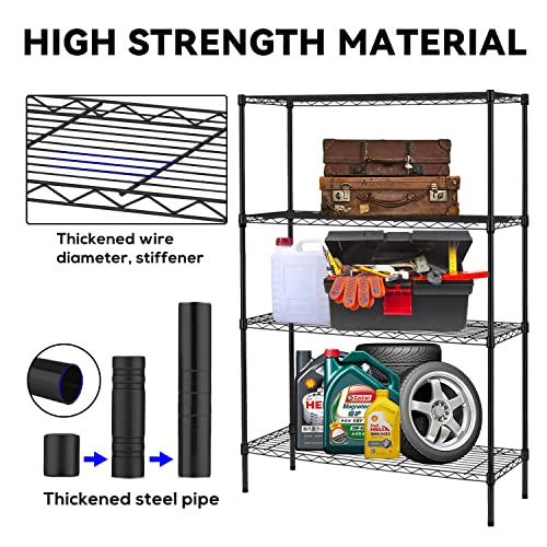 Storage Shelves, 4 shelf Storage Rack Adjustable 37"W x 14"D x 55"H NSF Certified Metal Shelves for Storage 1000Lbs Capacity Wire Shelving Heavy Duty for Kitchen Garage Shop Wire Rack Shelving, Black