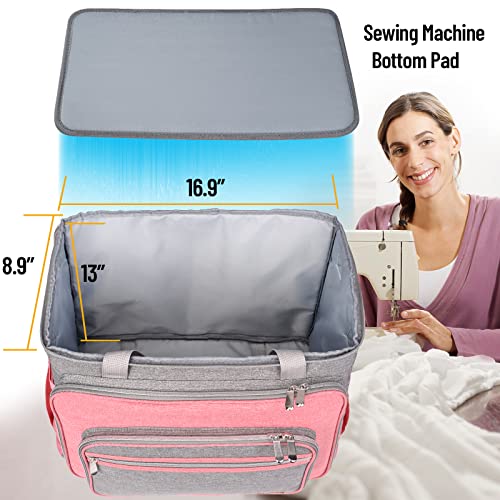 FINESUN Sewing Machine Bag, Grey& Pink - Foldable Deluxe Sewing Machine Carrying Case for Brother, Singer, Bernina and Most Machines