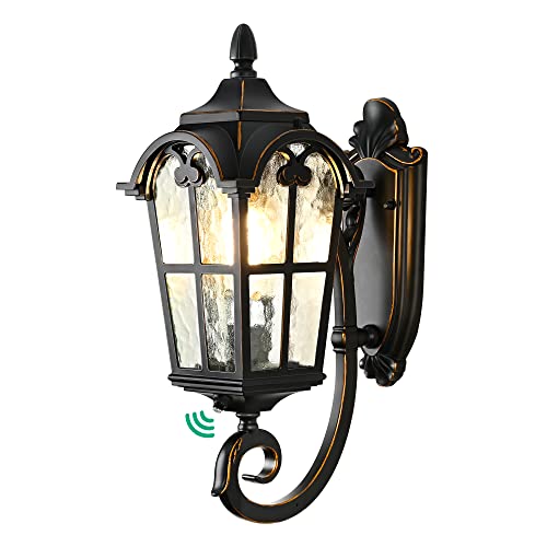 EDISHINE Dusk to Dawn Outdoor Wall Light, 17" Exterior Light Fixture Wall Lantern, Black Roman Porch Light Wall Lamp with Water Ripple Glass, Waterproof Wall Mount Sconce for Porch, Garage, Patio