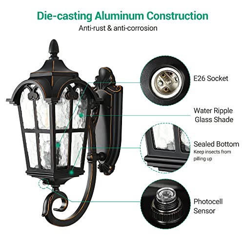 EDISHINE Dusk to Dawn Outdoor Wall Light, 17" Exterior Light Fixture Wall Lantern, Black Roman Porch Light Wall Lamp with Water Ripple Glass, Waterproof Wall Mount Sconce for Porch, Garage, Patio