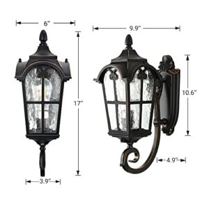 EDISHINE Dusk to Dawn Outdoor Wall Light, 17" Exterior Light Fixture Wall Lantern, Black Roman Porch Light Wall Lamp with Water Ripple Glass, Waterproof Wall Mount Sconce for Porch, Garage, Patio