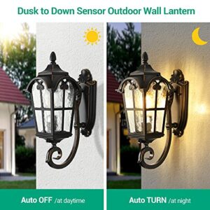 EDISHINE Dusk to Dawn Outdoor Wall Light, 17" Exterior Light Fixture Wall Lantern, Black Roman Porch Light Wall Lamp with Water Ripple Glass, Waterproof Wall Mount Sconce for Porch, Garage, Patio