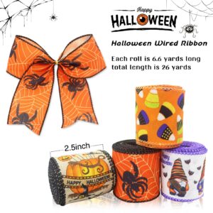 RUIFEN 4 Rolls 26 Yards Halloween Wired Edge Ribbon, Gnome Spider Pumpkin Cobwebs Bats Candy Web Printed Grosgrain Ribbons, Theme Wrapping Ribbon for Party Wreaths and DIY Crafts, 2.5 in