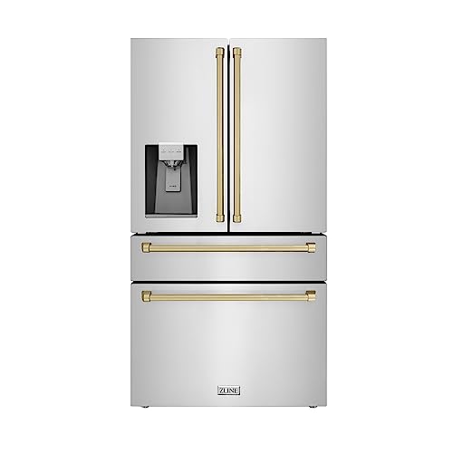 ZLINE 36" Autograph Edition 21.6 cu. ft Freestanding French Door Refrigerator with Water and Ice Dispenser in Fingerprint Resistant Stainless Steel with Champagne Bronze Accents (RFMZ-W-36-CB)