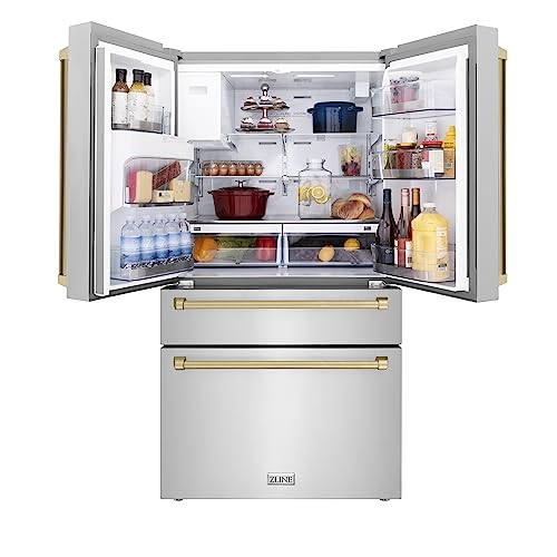 ZLINE 36" Autograph Edition 21.6 cu. ft Freestanding French Door Refrigerator with Water and Ice Dispenser in Fingerprint Resistant Stainless Steel with Champagne Bronze Accents (RFMZ-W-36-CB)