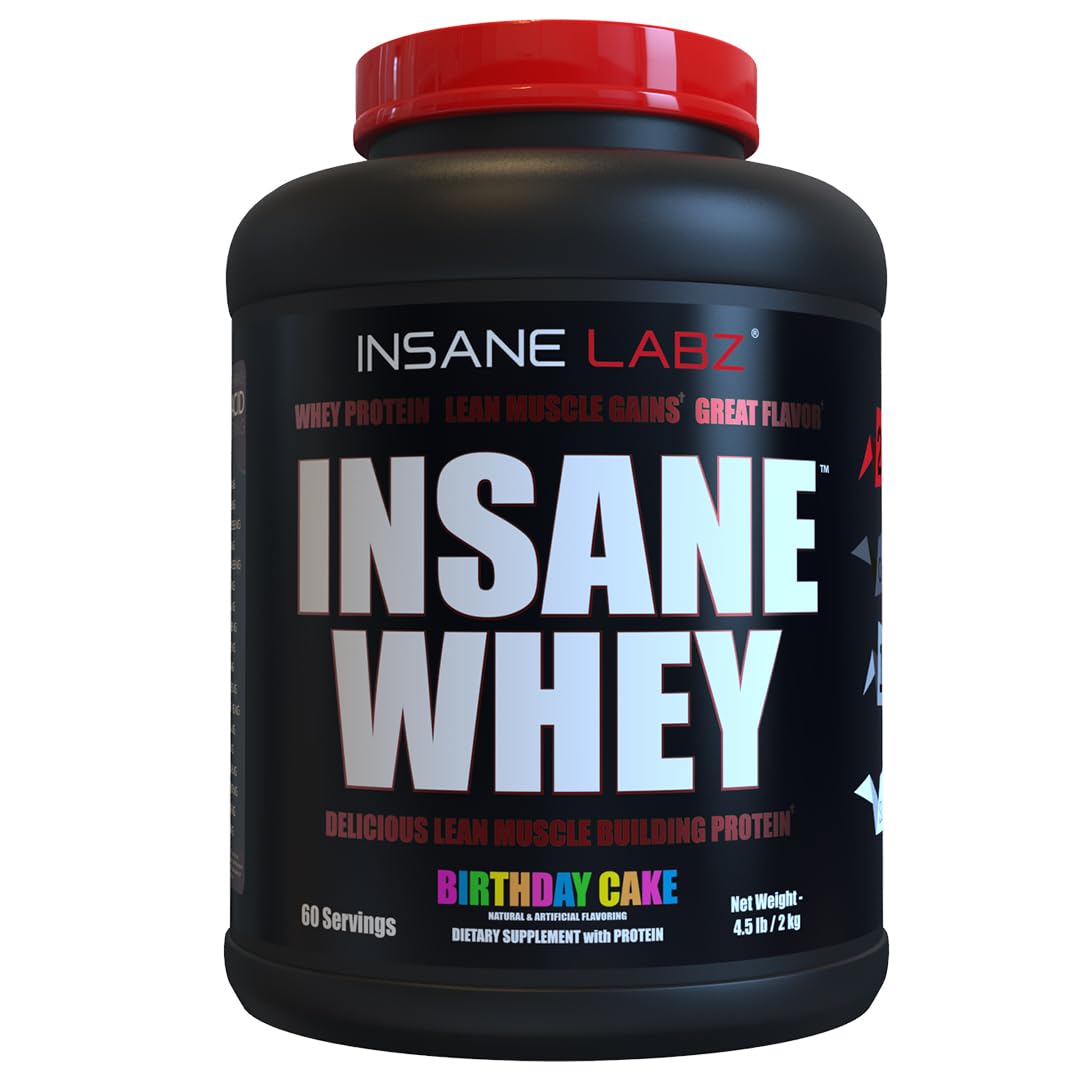 Insane Labz Insane Whey,100% Muscle Building Whey Protein, Post Workout, BCAA Amino Profile, Mass Gainer, Meal Replacement, 5lbs, 60 Srvgs, (Birthday Cake)