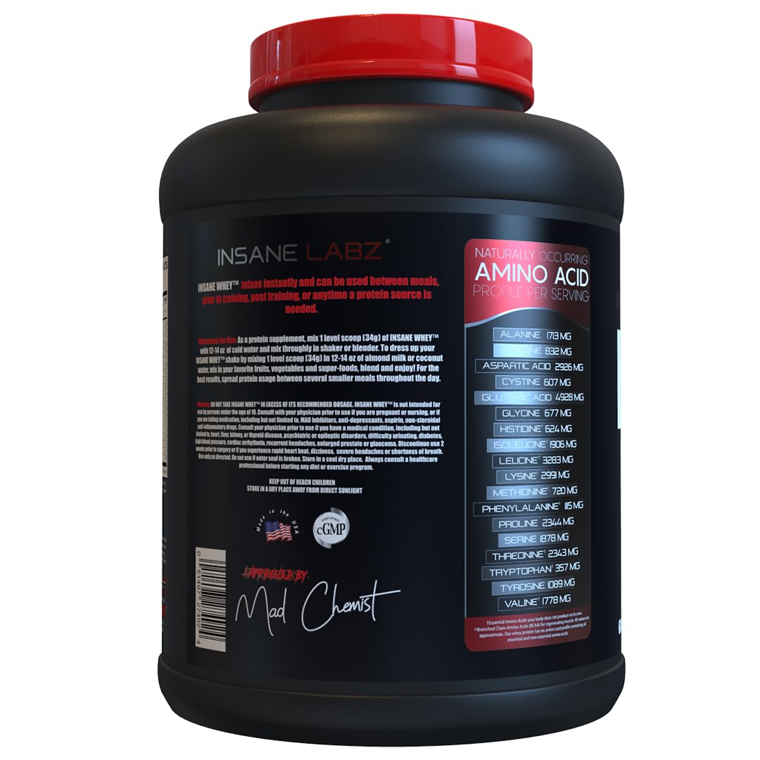 Insane Labz Insane Whey,100% Muscle Building Whey Protein, Post Workout, BCAA Amino Profile, Mass Gainer, Meal Replacement, 5lbs, 60 Srvgs, (Birthday Cake)