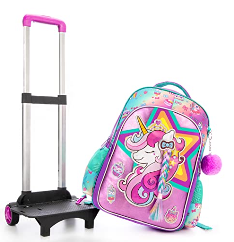 JSMNIAI Unicorn Rolling Backpack for Girls Wheels Backpacks Kids Luggage for Elementary Preschool Students Cute Suitcase Trolley Trip Wheeled Backpack with Lunch Box for Girls