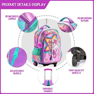 JSMNIAI Unicorn Rolling Backpack for Girls Wheels Backpacks Kids Luggage for Elementary Preschool Students Cute Suitcase Trolley Trip Wheeled Backpack with Lunch Box for Girls