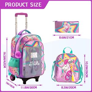 JSMNIAI Unicorn Rolling Backpack for Girls Wheels Backpacks Kids Luggage for Elementary Preschool Students Cute Suitcase Trolley Trip Wheeled Backpack with Lunch Box for Girls