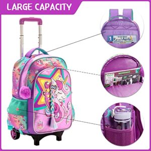 JSMNIAI Unicorn Rolling Backpack for Girls Wheels Backpacks Kids Luggage for Elementary Preschool Students Cute Suitcase Trolley Trip Wheeled Backpack with Lunch Box for Girls