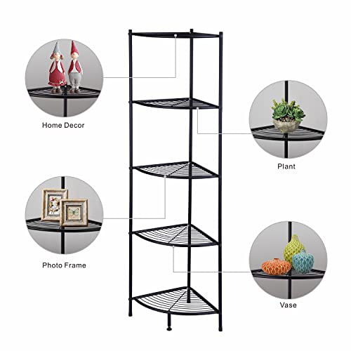 L&H UNICO 5-Tier Corner Spa Tower Standing Corner Wire Shelving Unit Storage Furniture Multipurpose Space Saving Storage Rack, Black